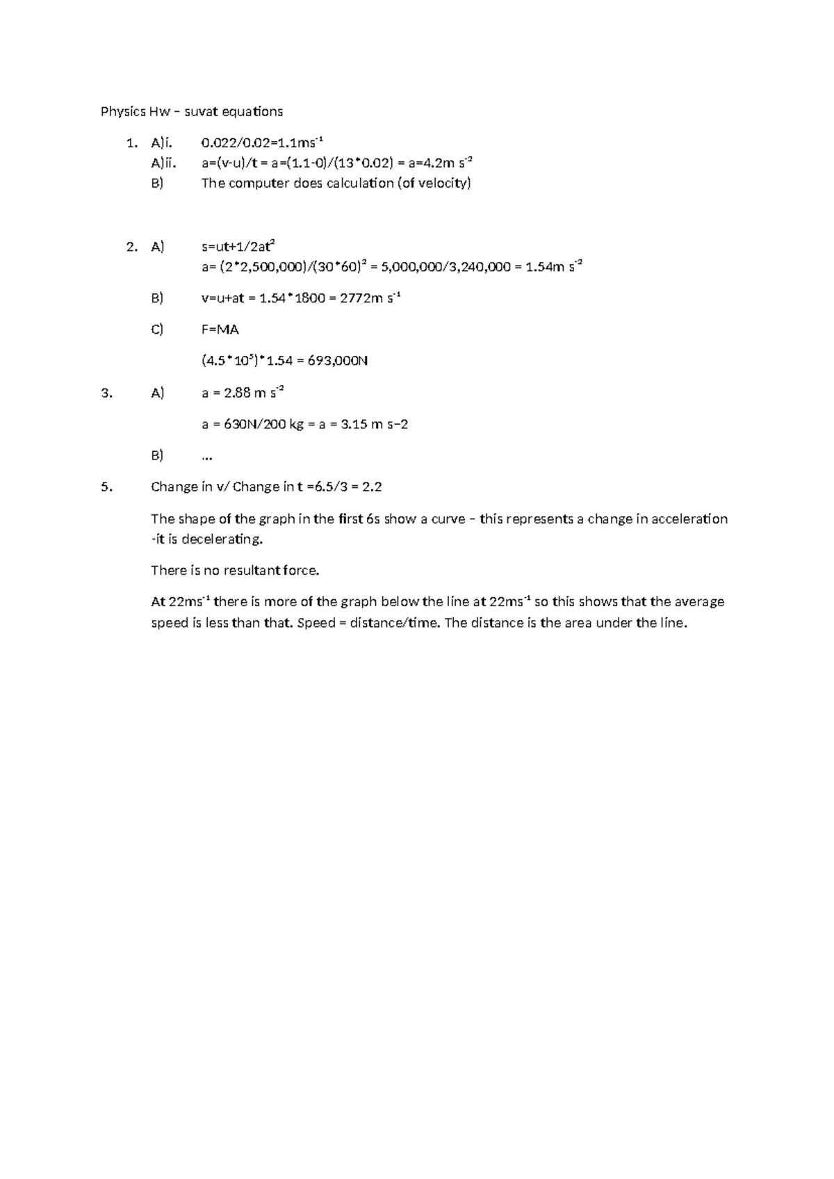 Physics Hw 27 - suvat work questions - Physics Hw – suvat equations 1 ...