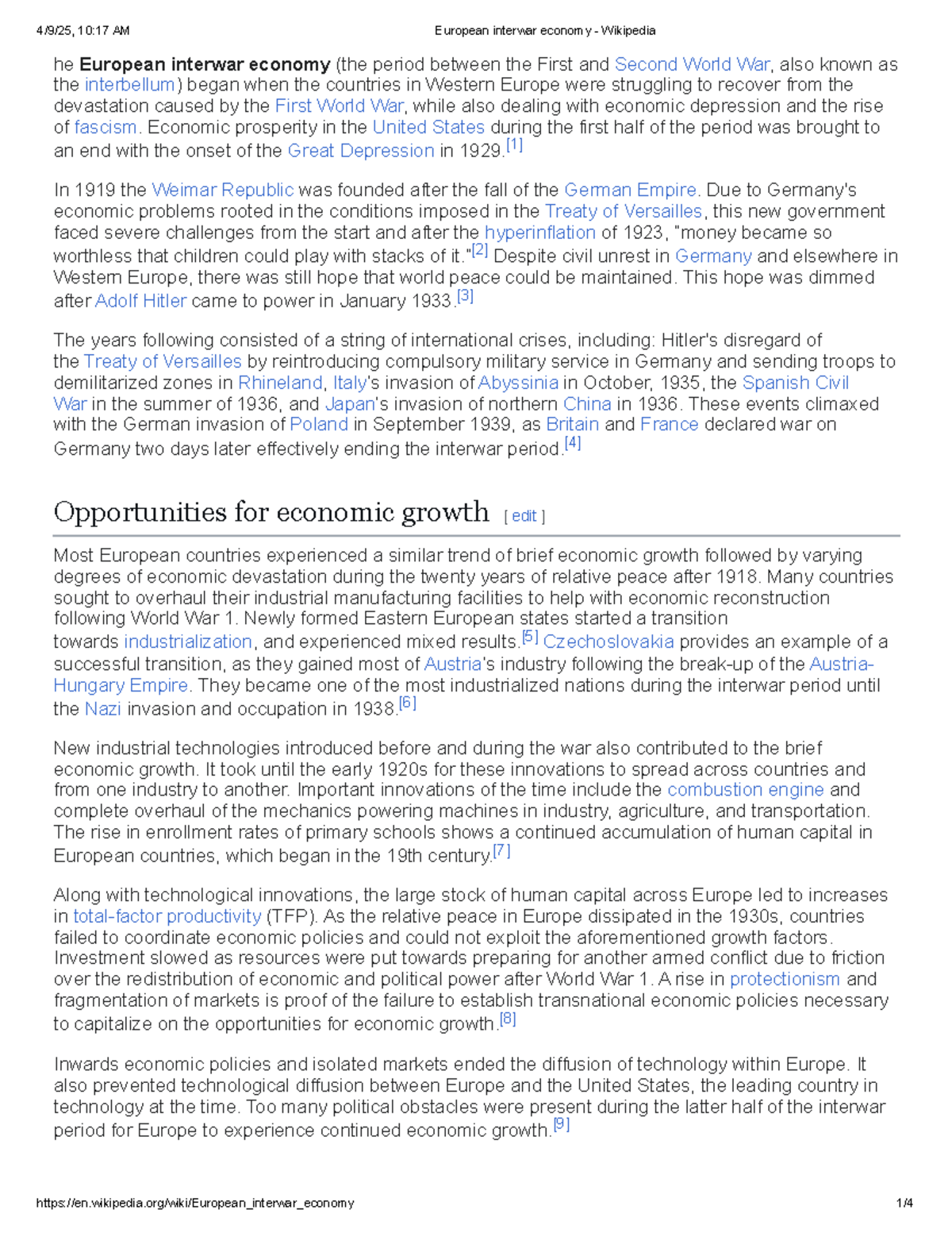 European Interwar Economy: Challenges and Opportunities During 1919 ...