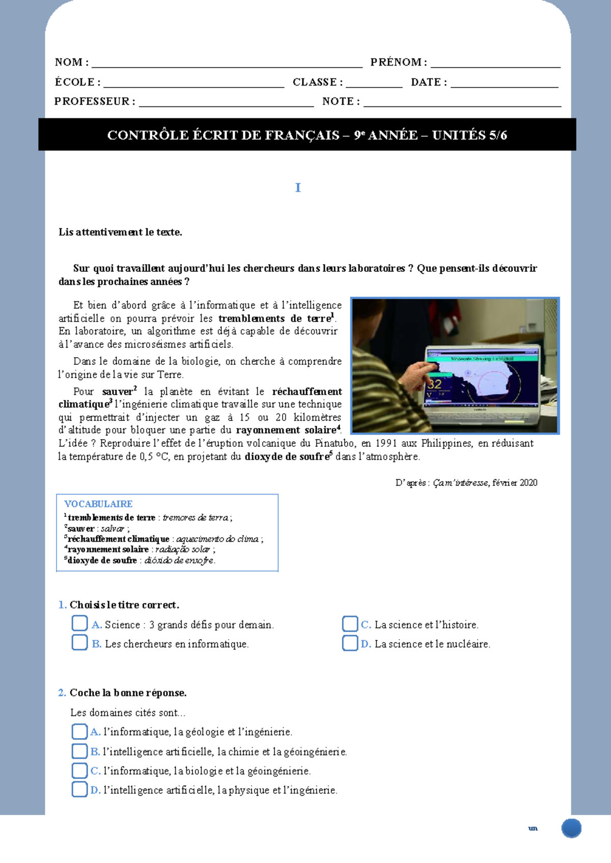 Teste 4 - Contrôle Écrit de Français 9e Année : La Science et ses Défis ...
