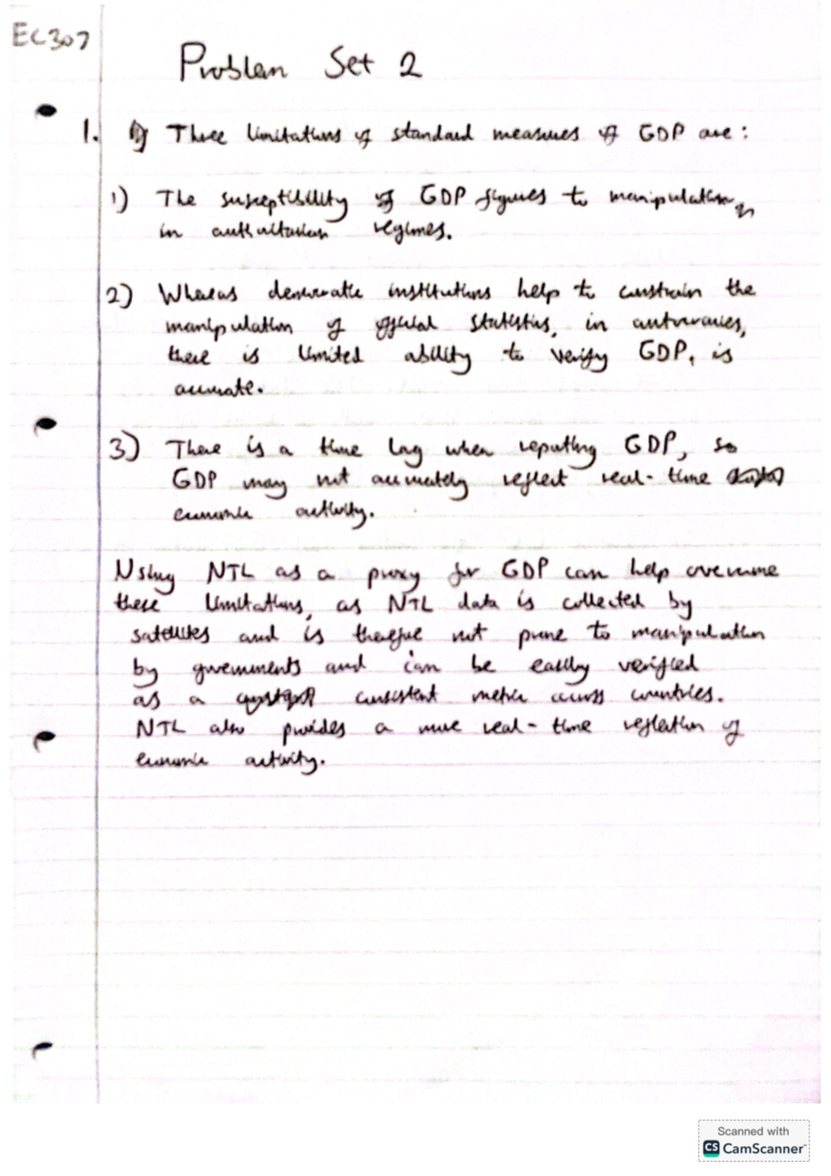 EC307 Problem Set 2: Analyzing GDP Measurement Challenges and NTL - Studocu