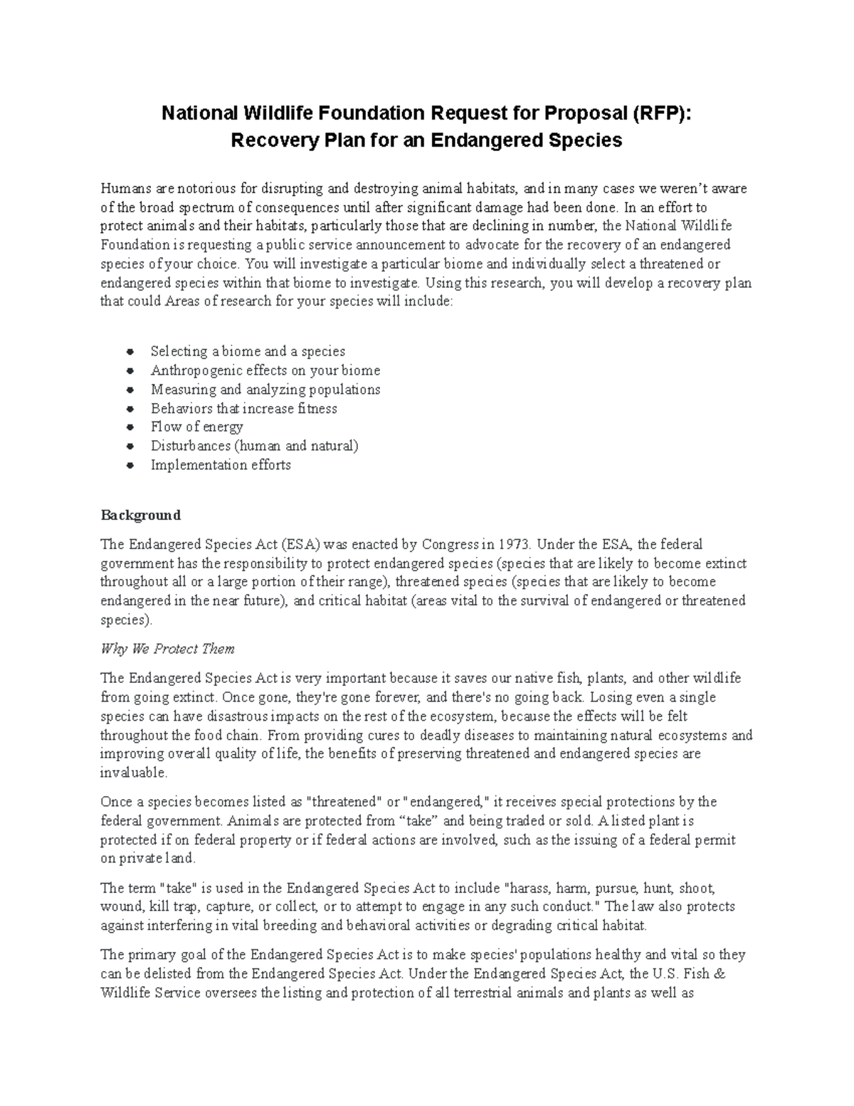 2 OPTG Bio A - Endangered Species Recovery Plan & PSA Project - Studocu