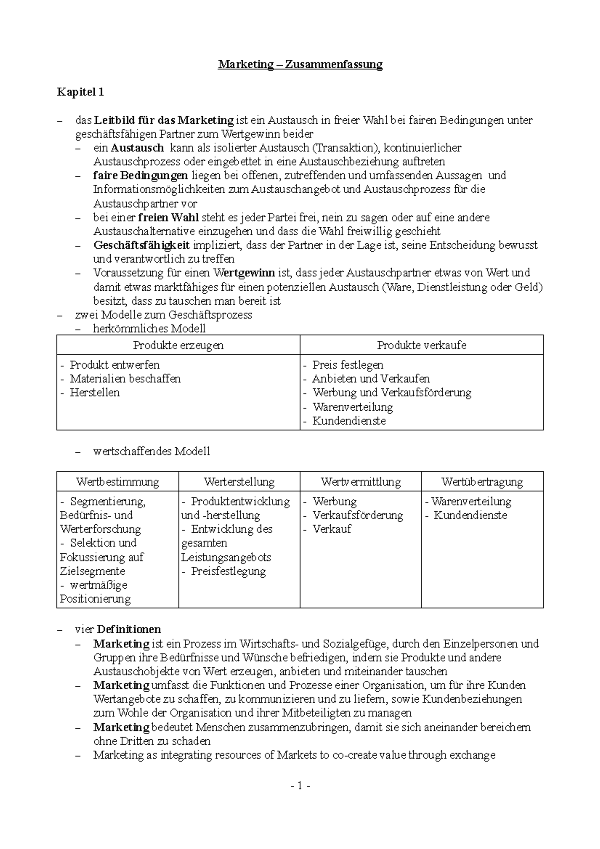 Zusammenfassung Marketing - Marketing – Zusammenfassung Kapitel 1 – das ...