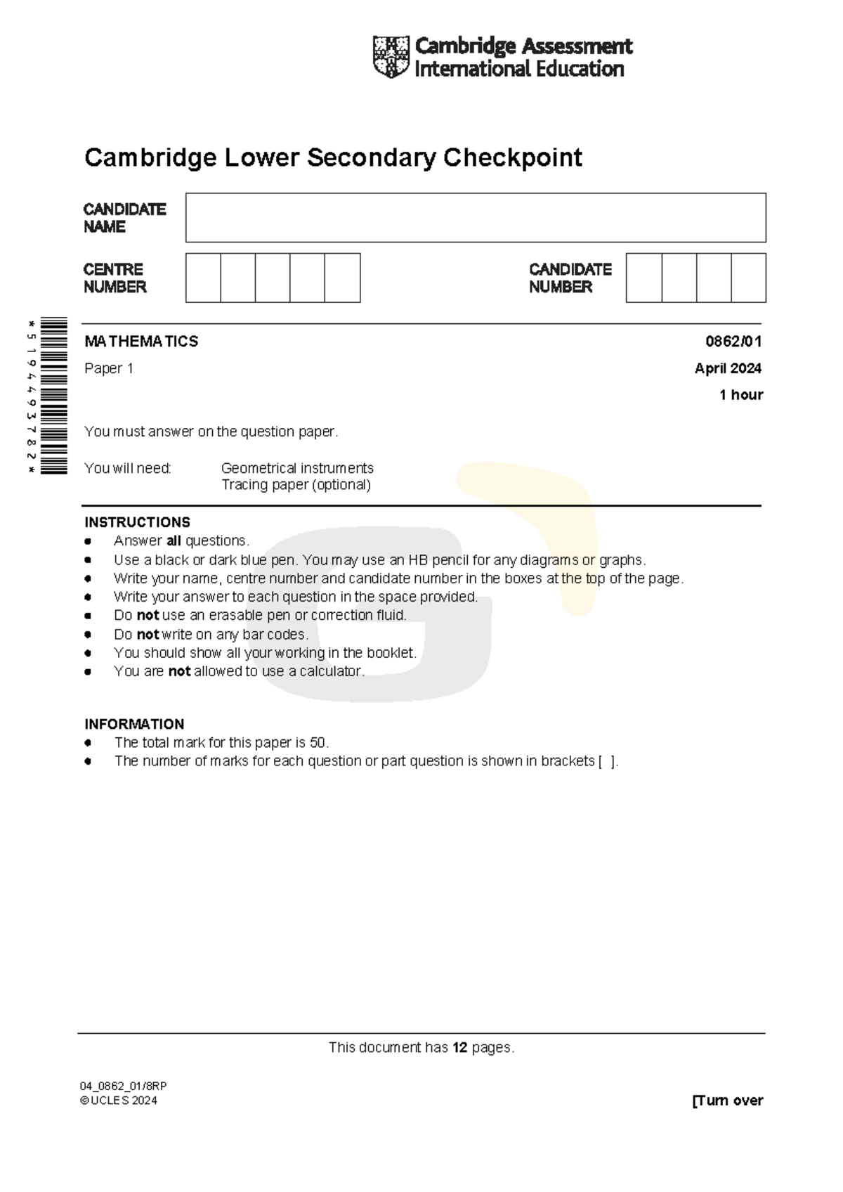 Cambridge Lower Secondary Checkpoint Mathematics Paper 1 April 2024 ...