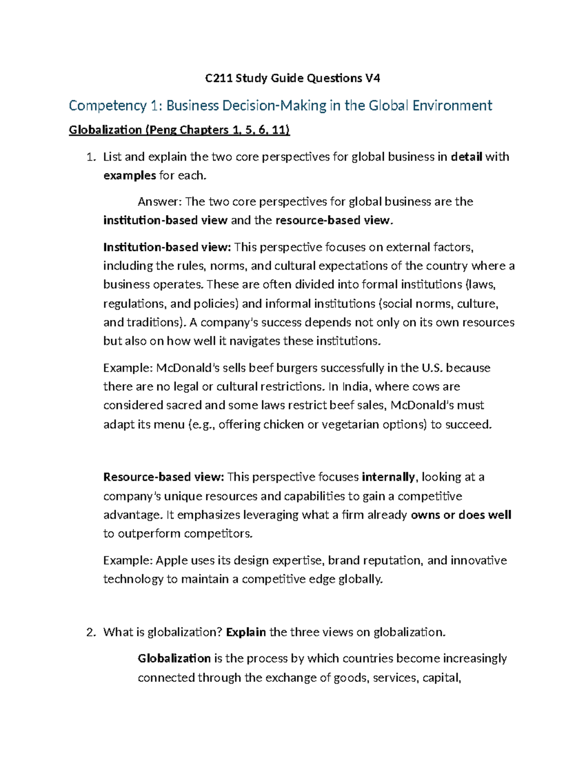C211 Study Guide Questions V4: Comp 1 on Globalization Insights - Studocu