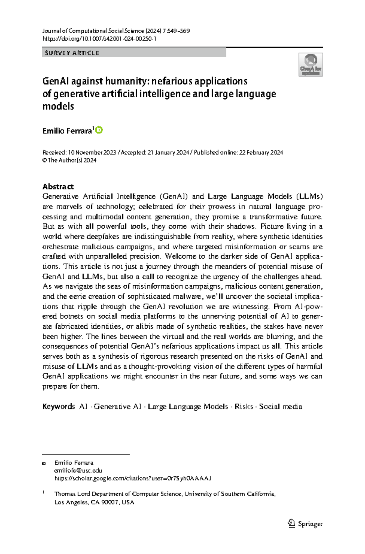 S42001 GenAI Misuse: Risks & Implications in Social Science (2024 ...