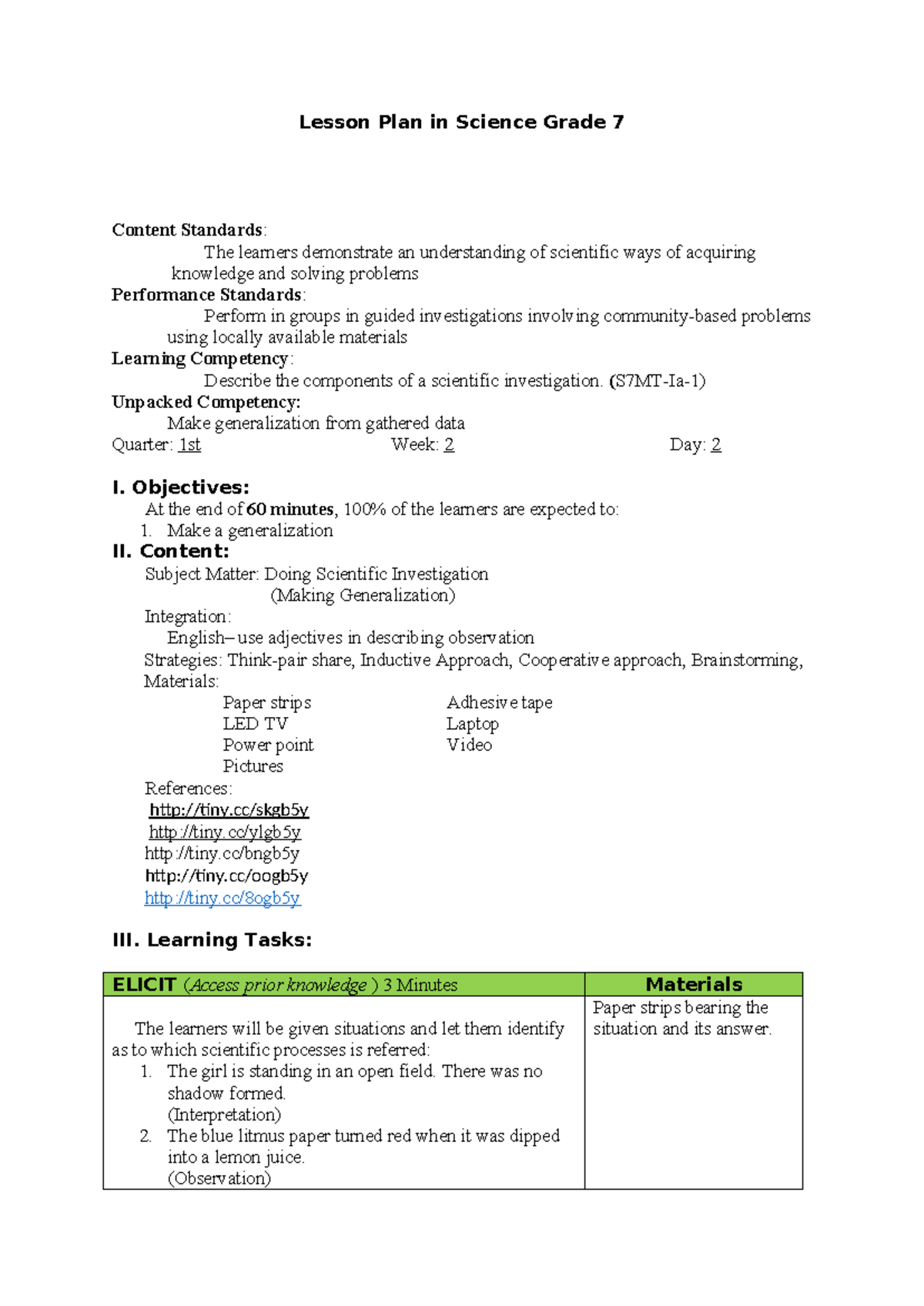 DETAILED SCIENCE LESSON PLAN GRADE 7: MAKING GENERALIZATIONS - Studocu
