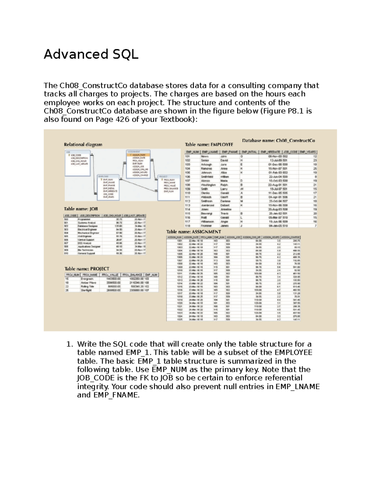 Lab 008 - Question Sheet - Advanced SQL The Ch08_ConstructCo database ...
