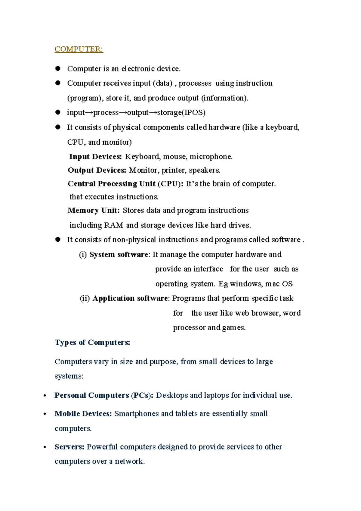 COMPUTER: Overview, Characteristics, and Classification Notes - Studocu