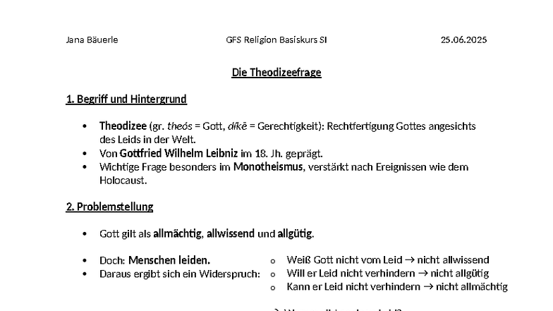 GFS Religion Basiskurs SI: Zusammenfassung zur Theodizeefrage - Studocu
