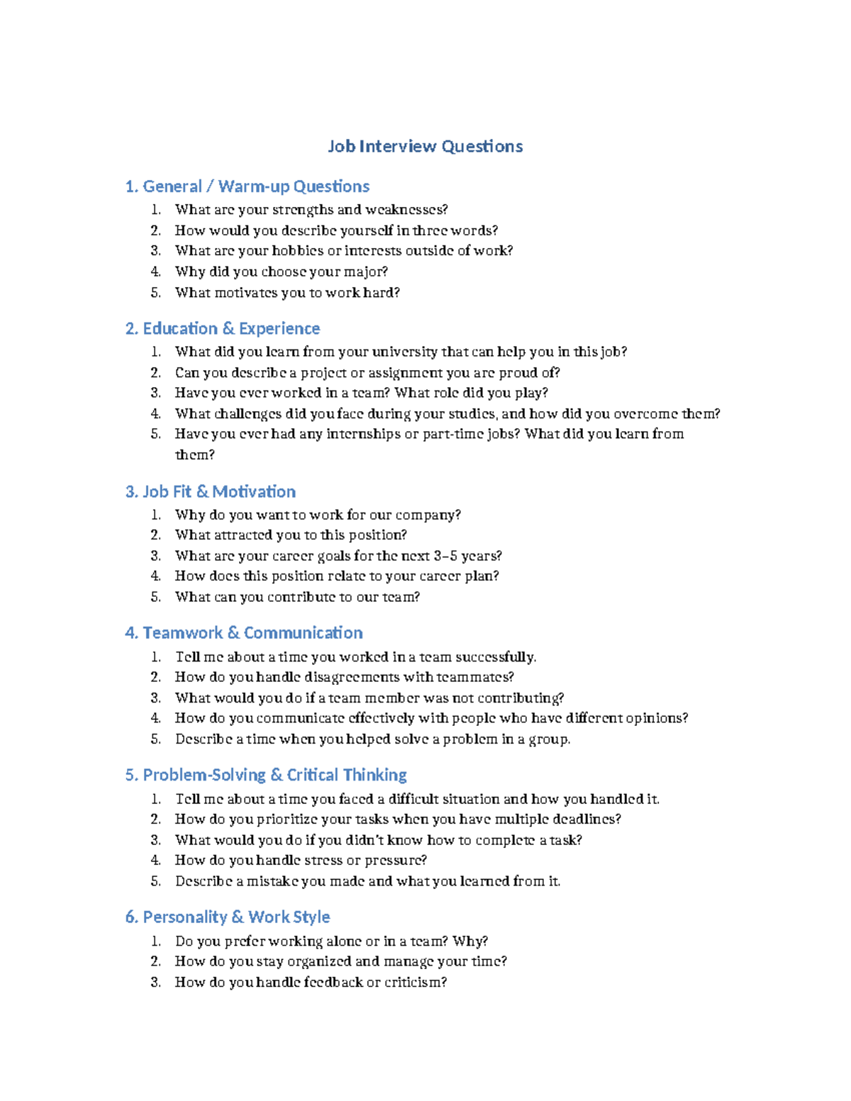 Job Interview Questions for Students: A Comprehensive Guide - Studocu