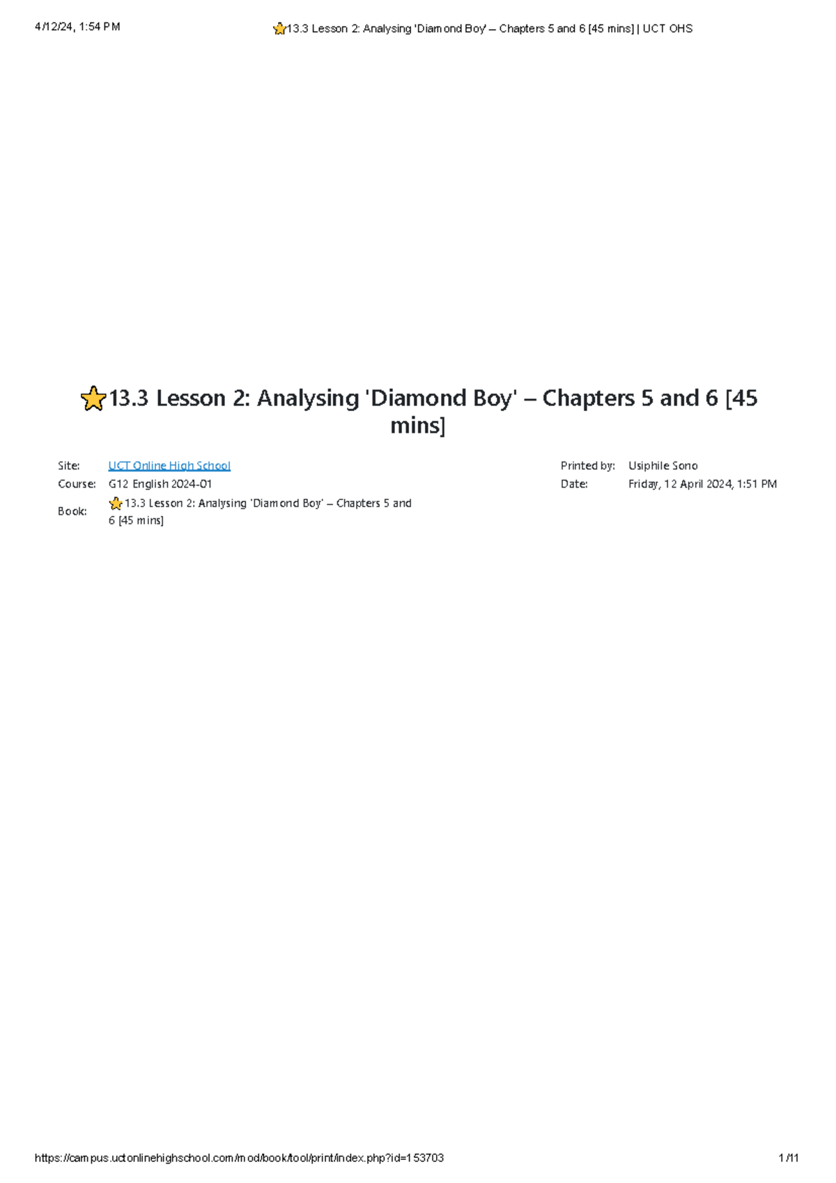 ⭐13.3 Lesson 2 Analysing 'Diamond Boy' – Chapters 5 and 6 [45 mins] UCT ...