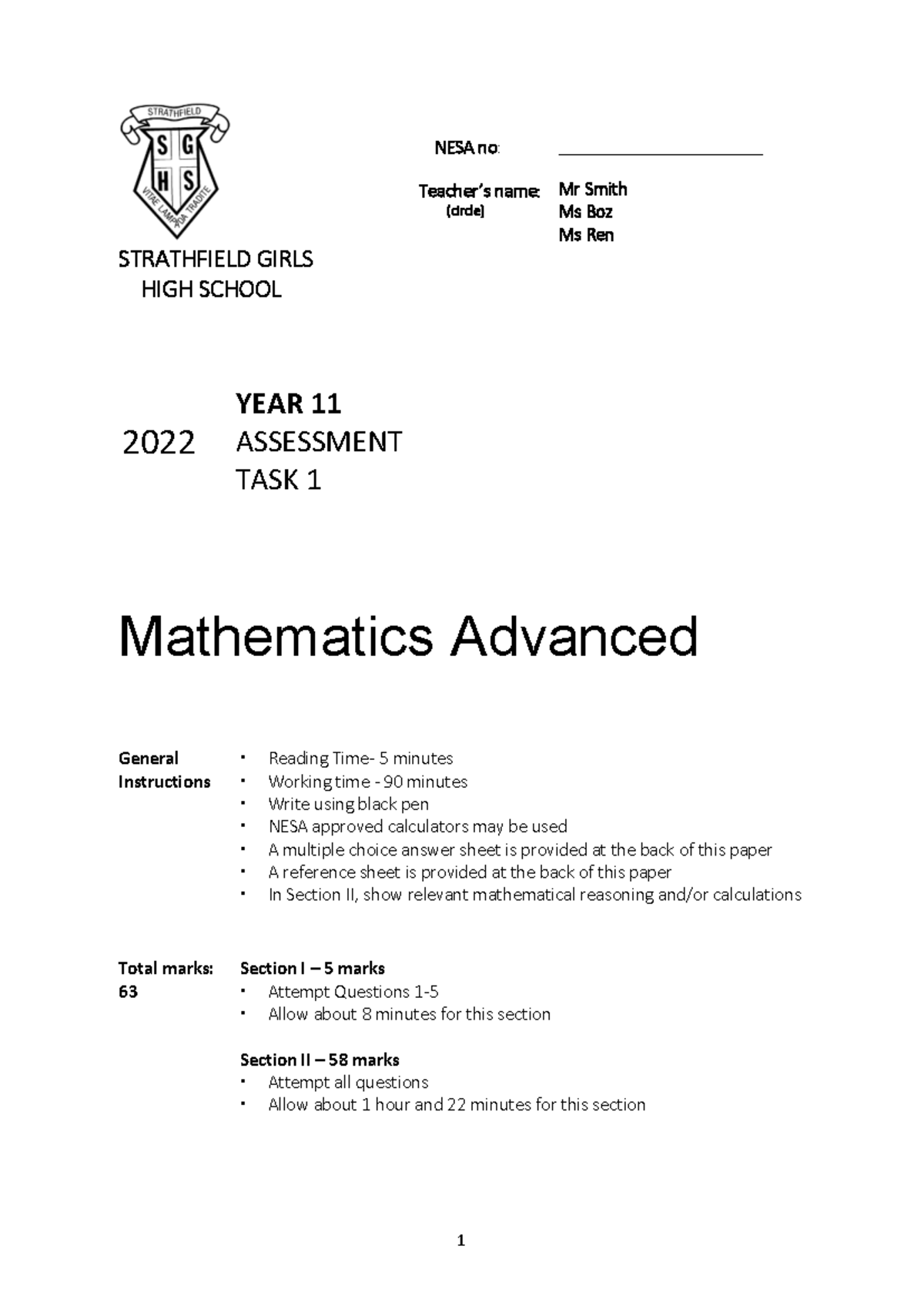 2022 Year 11 Mathematics Advanced Assessment Task 1 - Final Exam - Studocu