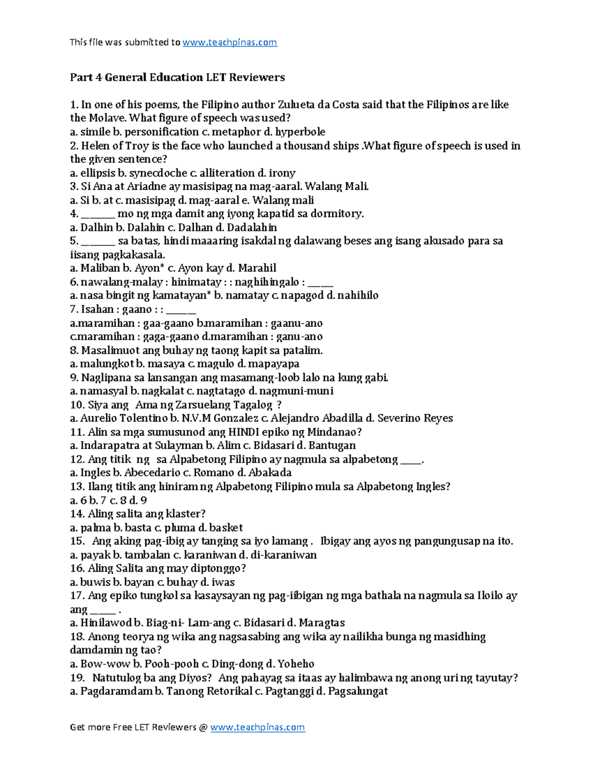 Part 4 General Education LET Review: Comprehensive Review Questions ...