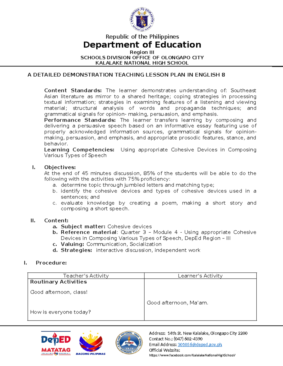 DLP-M5: Detailed Lesson Plan on Cohesive Devices for English 8 - Studocu