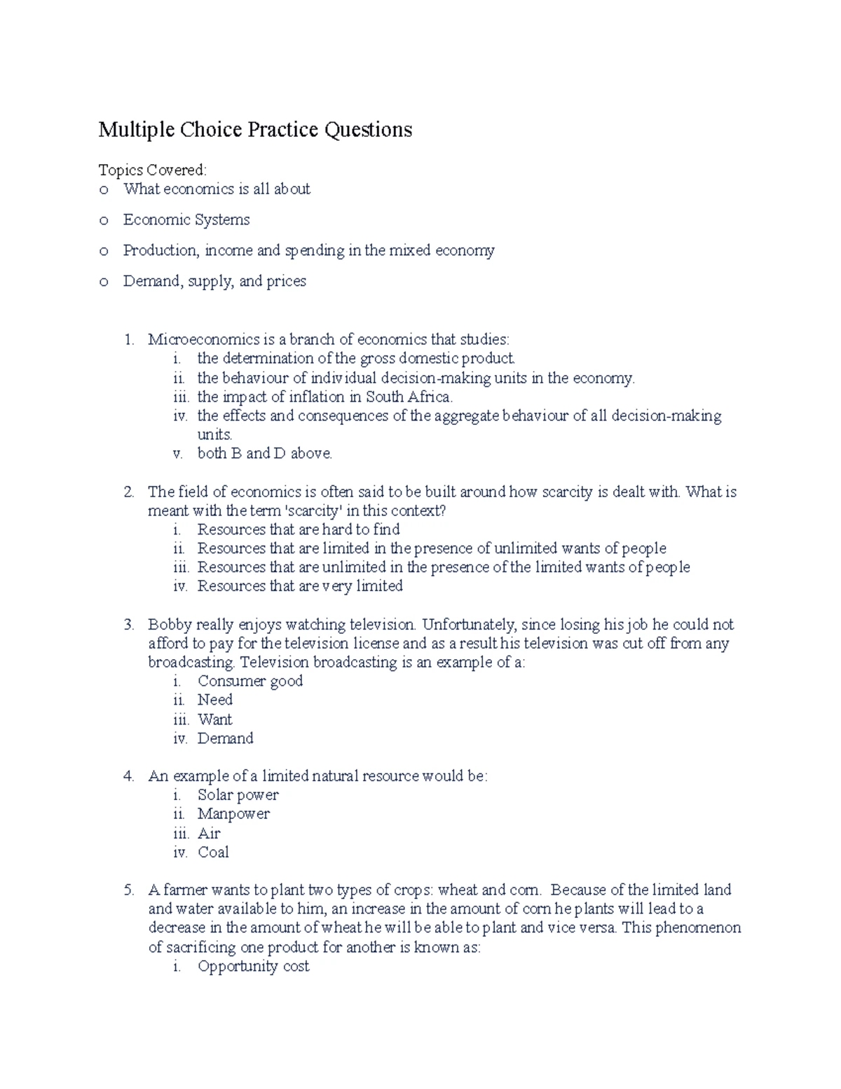 Chapter 1-4 Multiple Choice Practice Questions (ECO111) - Multiple Choice Practice Questions ...