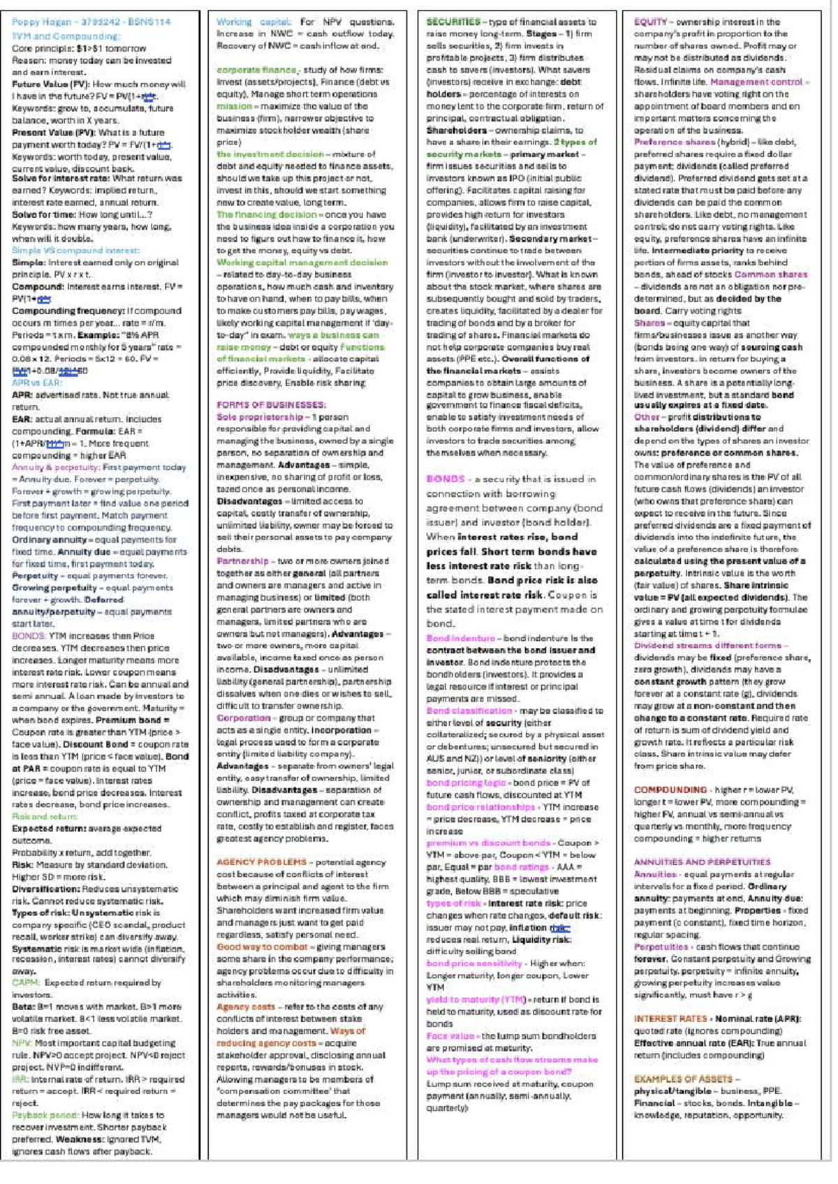 BSNS114 Final Exam Cheat Sheet: Working Capital & NPV Concepts - Studocu