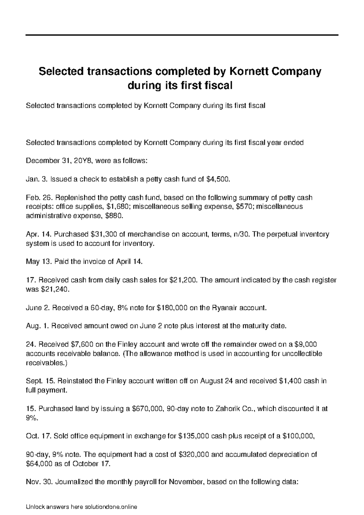 Kornett Company Selected Transactions Journal Entries - FY 20Y8 - Studocu
