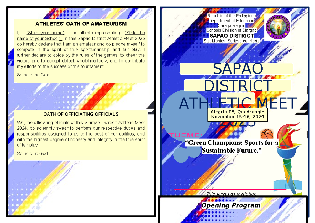 Sapao District Athletic Meet 2025 Program: Green Champions Theme - Studocu