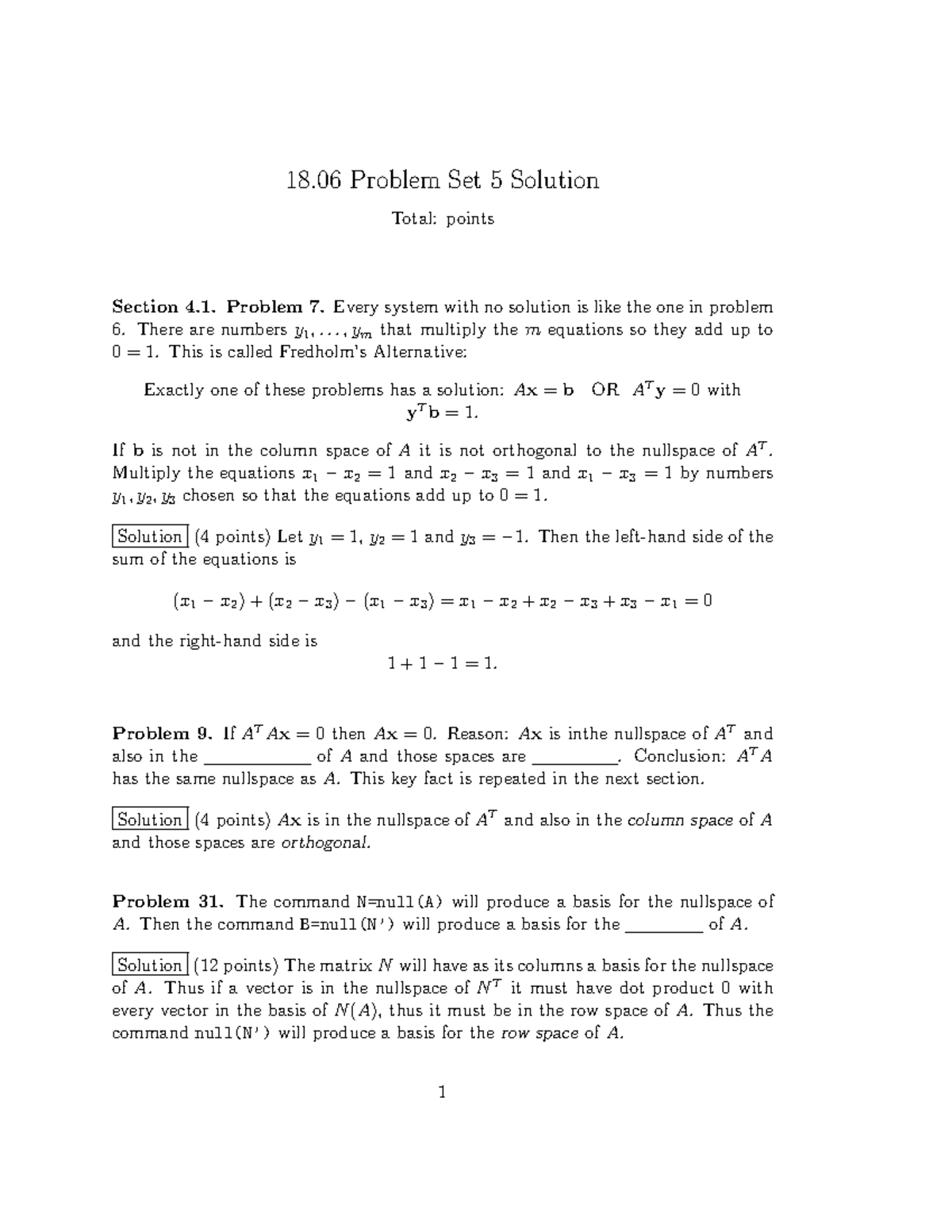 18.06 Problem Set 5 Solutions - Gilbert Strang Linear Algebra - Studocu
