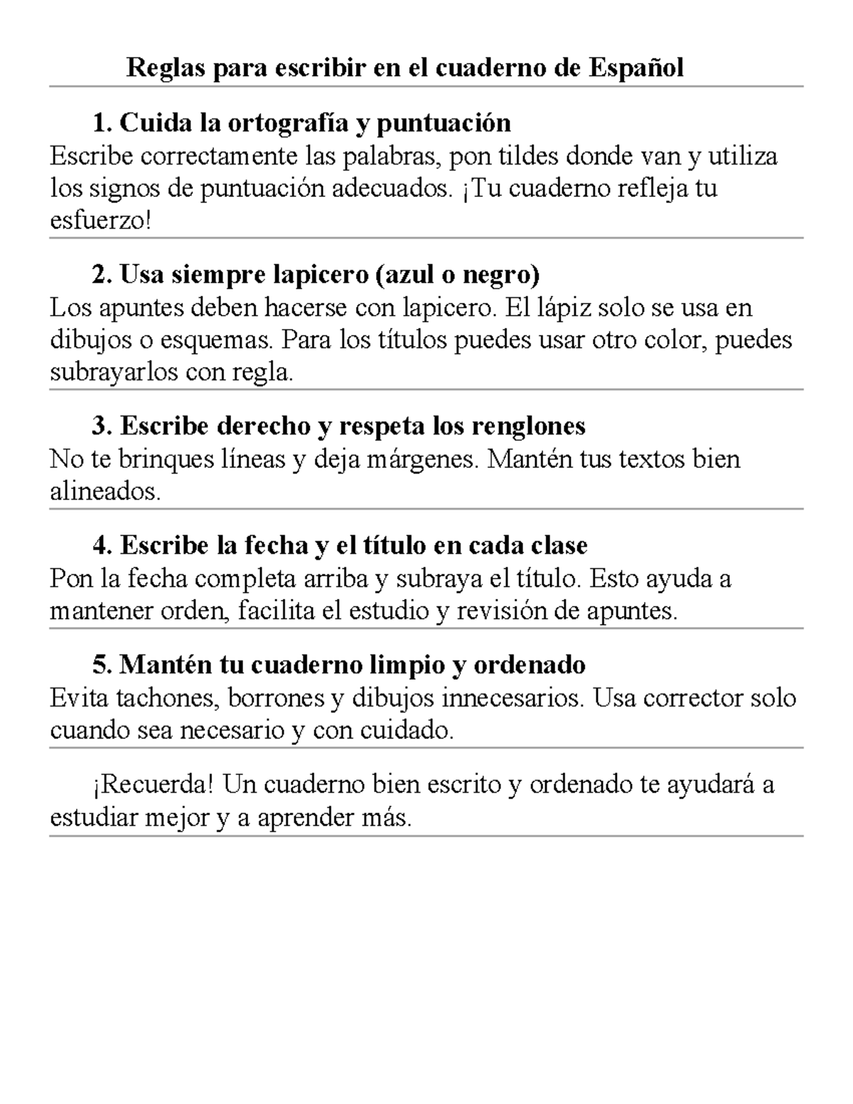 Reglas para Escribir en el Cuaderno de Español 1: Guía Práctica - Studocu