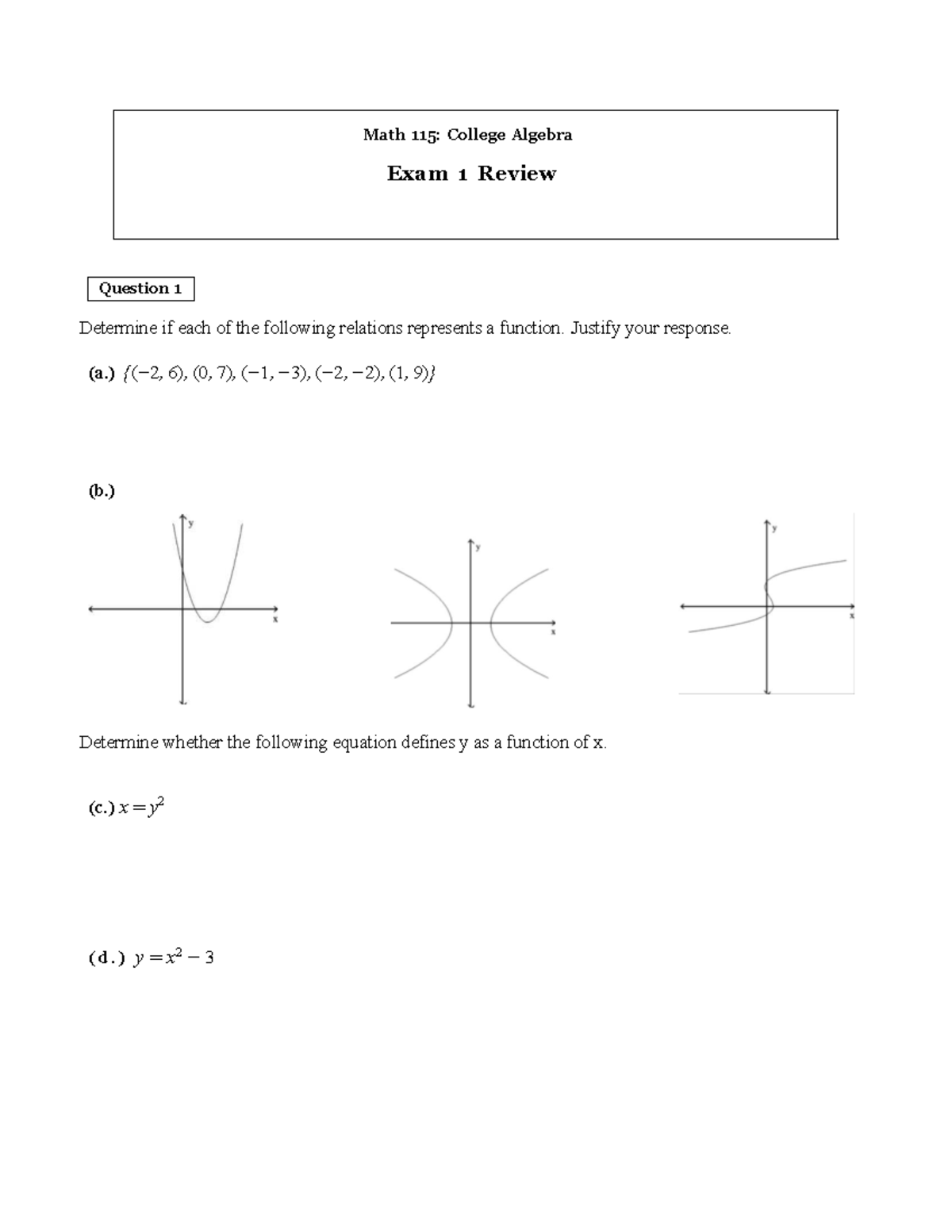 Math 115: College Algebra Exam 1 Review Notes and Solutions - Studocu