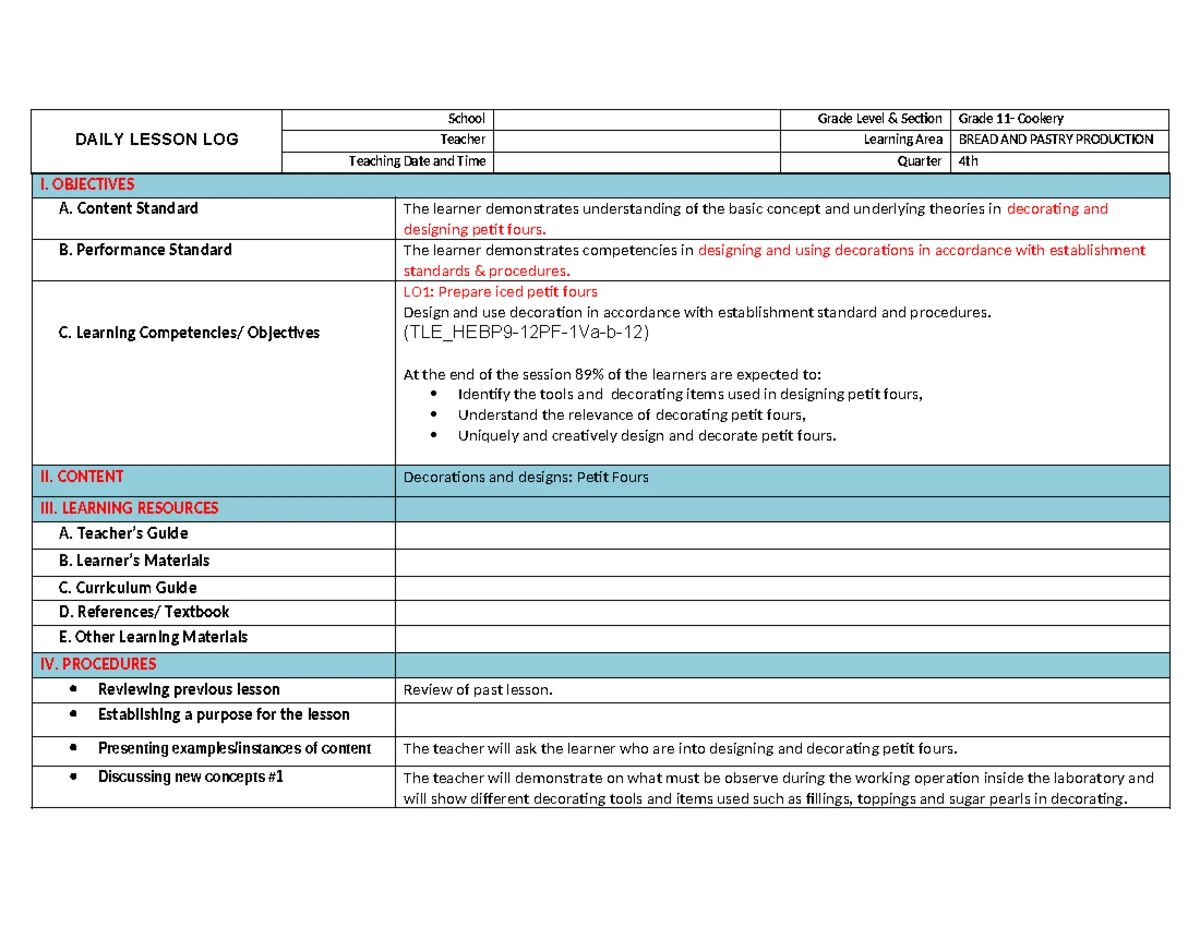 Lesson Log: Grade 11 Cookery - Bread & Pastry Production (DLL BPP COT ...