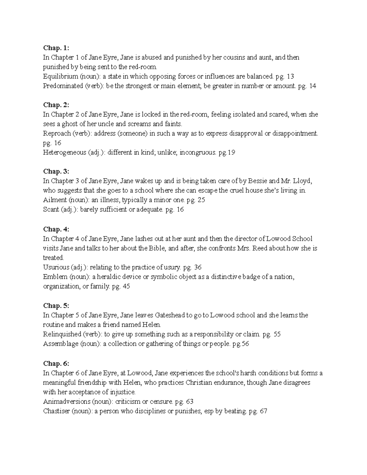 Jane Eyre Chapter Reading Log - Detailed Insights and Vocabulary - Studocu