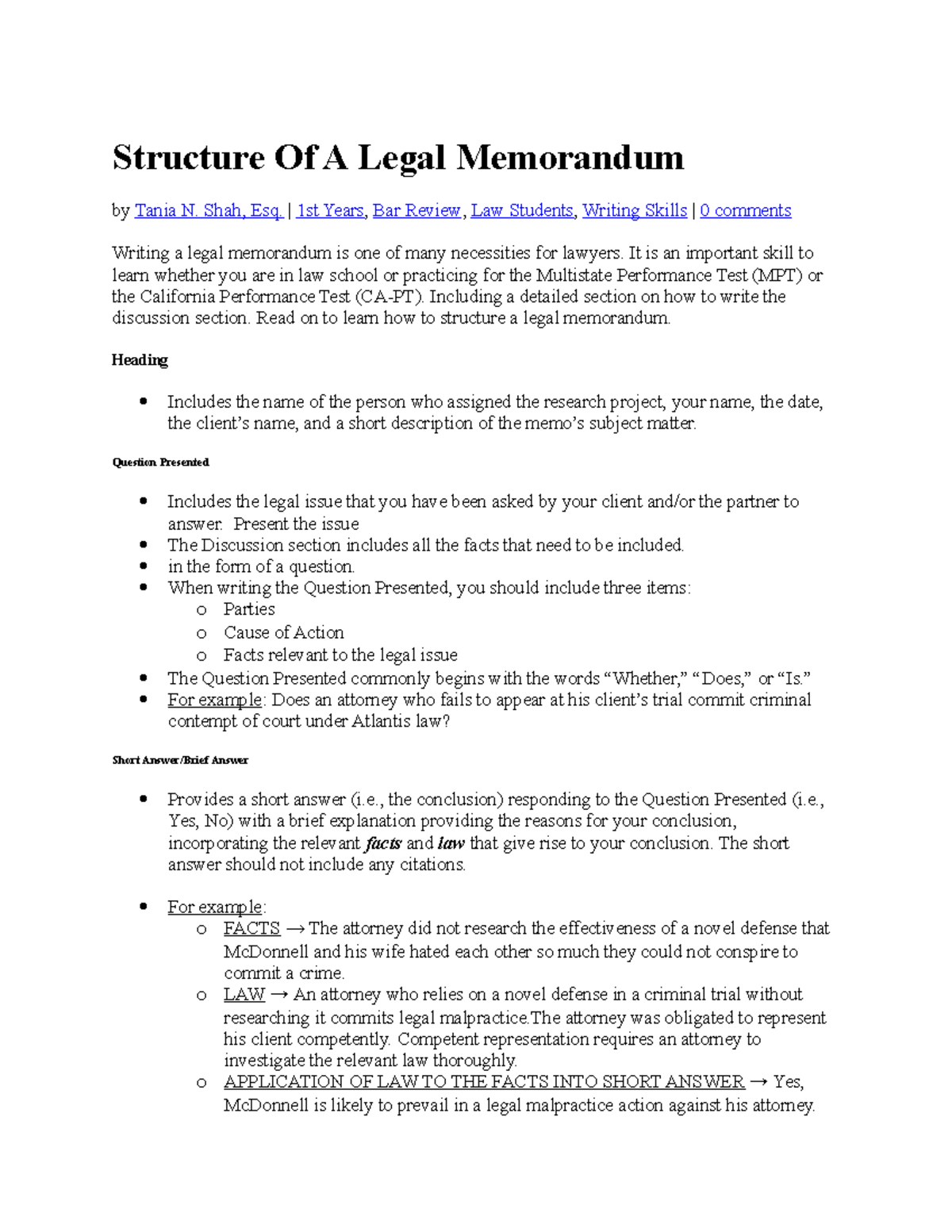 Legal Memorandum Structure: Essential Notes for MPT & CA-PT - Studocu