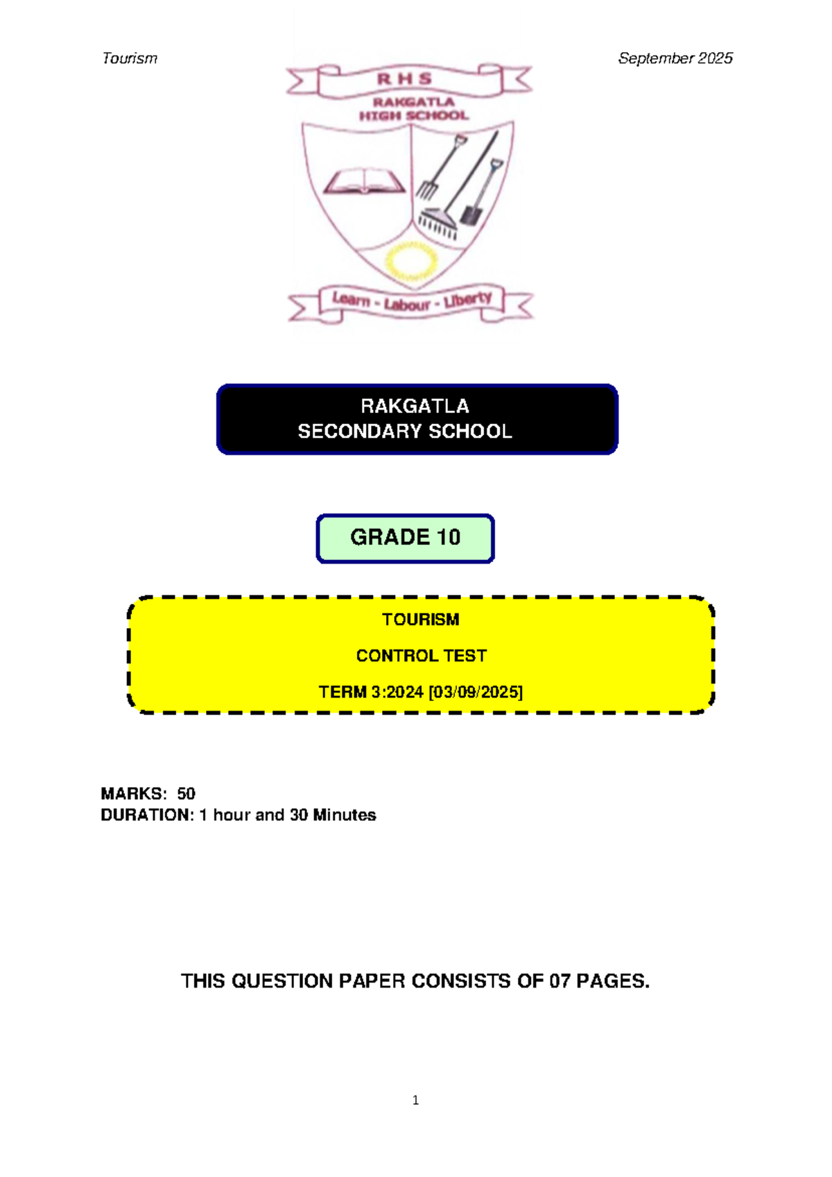 Grade 10 Tourism Control Test Term 3: September 2025 - Studocu