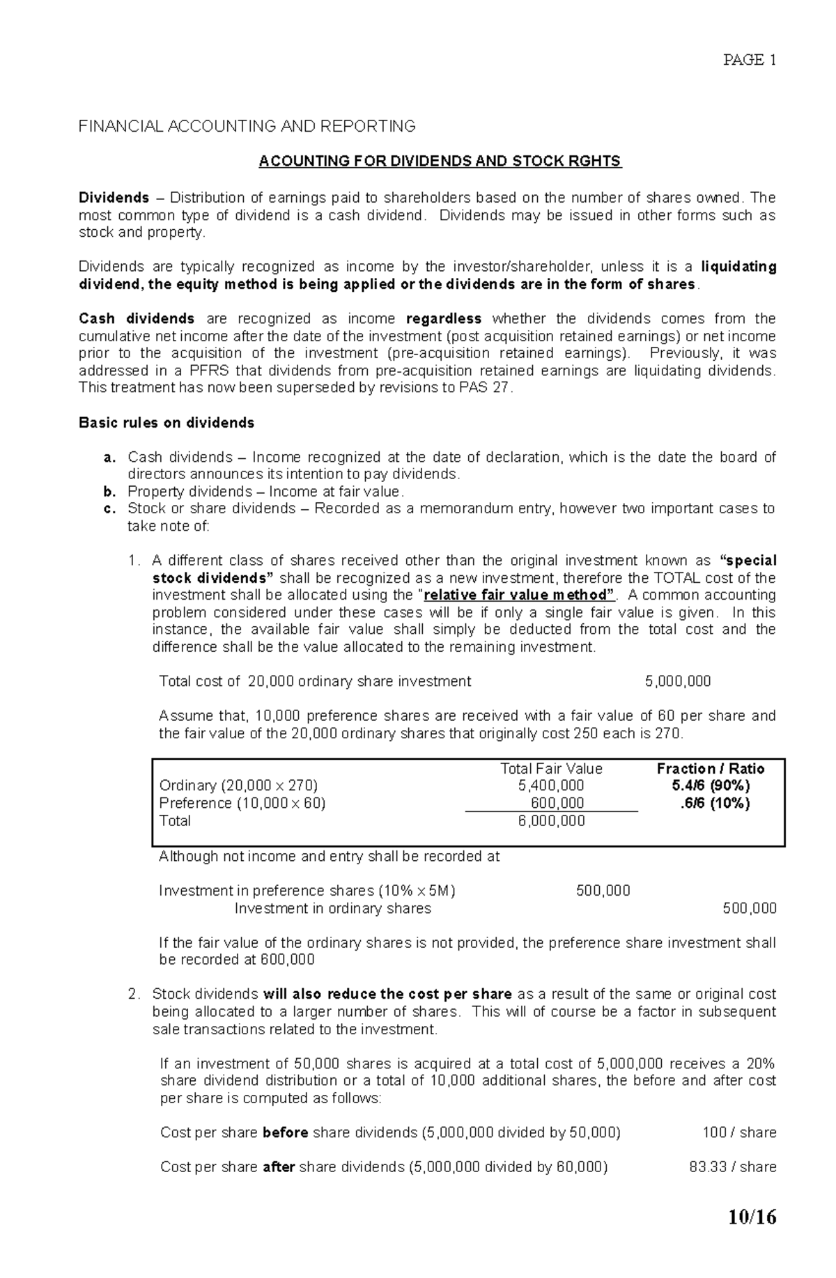 ACCT 101 Final Exam Notes: Accounting for Dividends & Stock Rights ...
