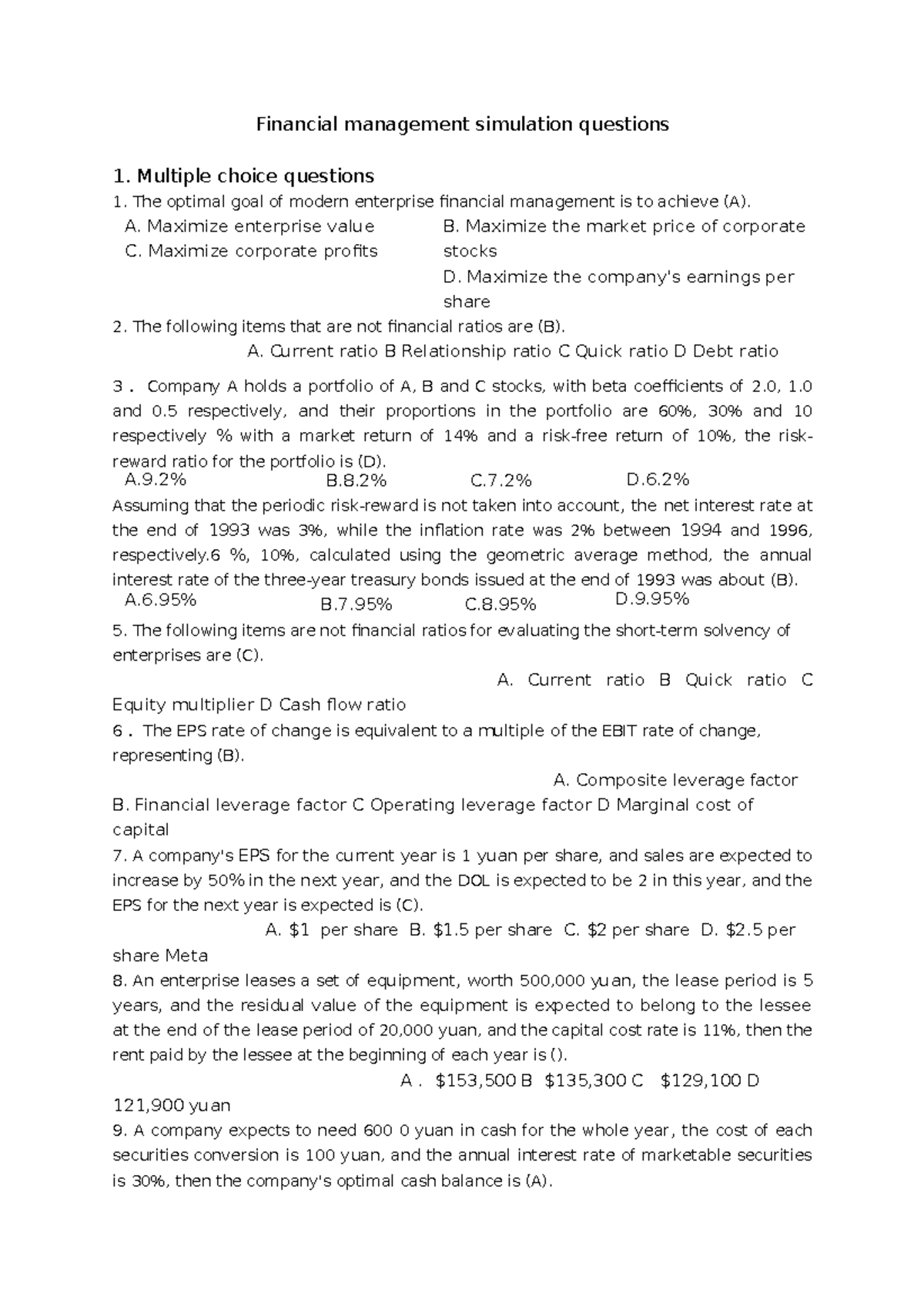 Financial Management Simulation Questions and Answers (FIN 301) - Studocu