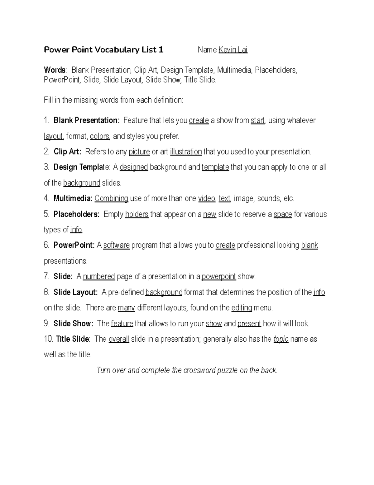 Powerpoint vocab - sgnsg - Power Point Vocabulary List 1 Name Kevin Lai ...