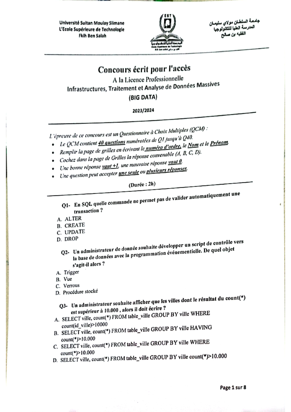 Concours écrit QCM - Licence Pro Infrastructures BIG DATA - KHAWYA ...