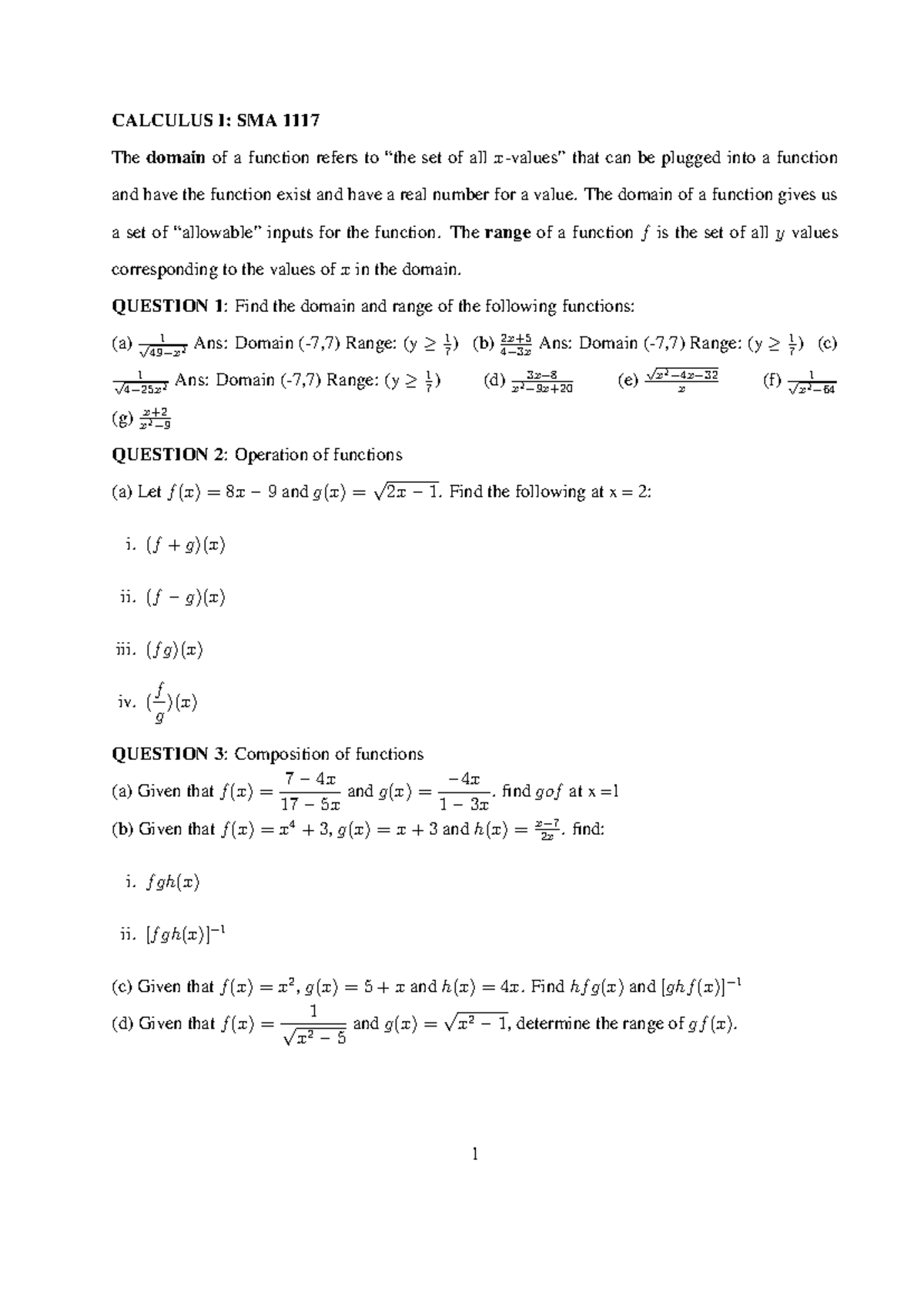 Calculus I (SMA 1117) Tutorial on Domain, Range, and Operations - Studocu