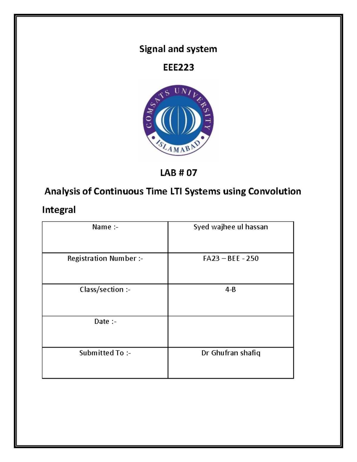Lab 07 - Analysis of Continuous Time LTI Systems Using Convolution ...