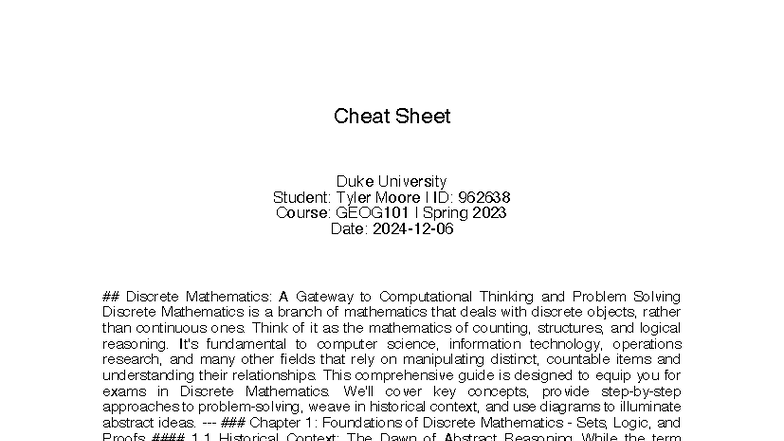 GEOG101 Spring 2023: Discrete Mathematics Exam Cheat Sheet - Studocu