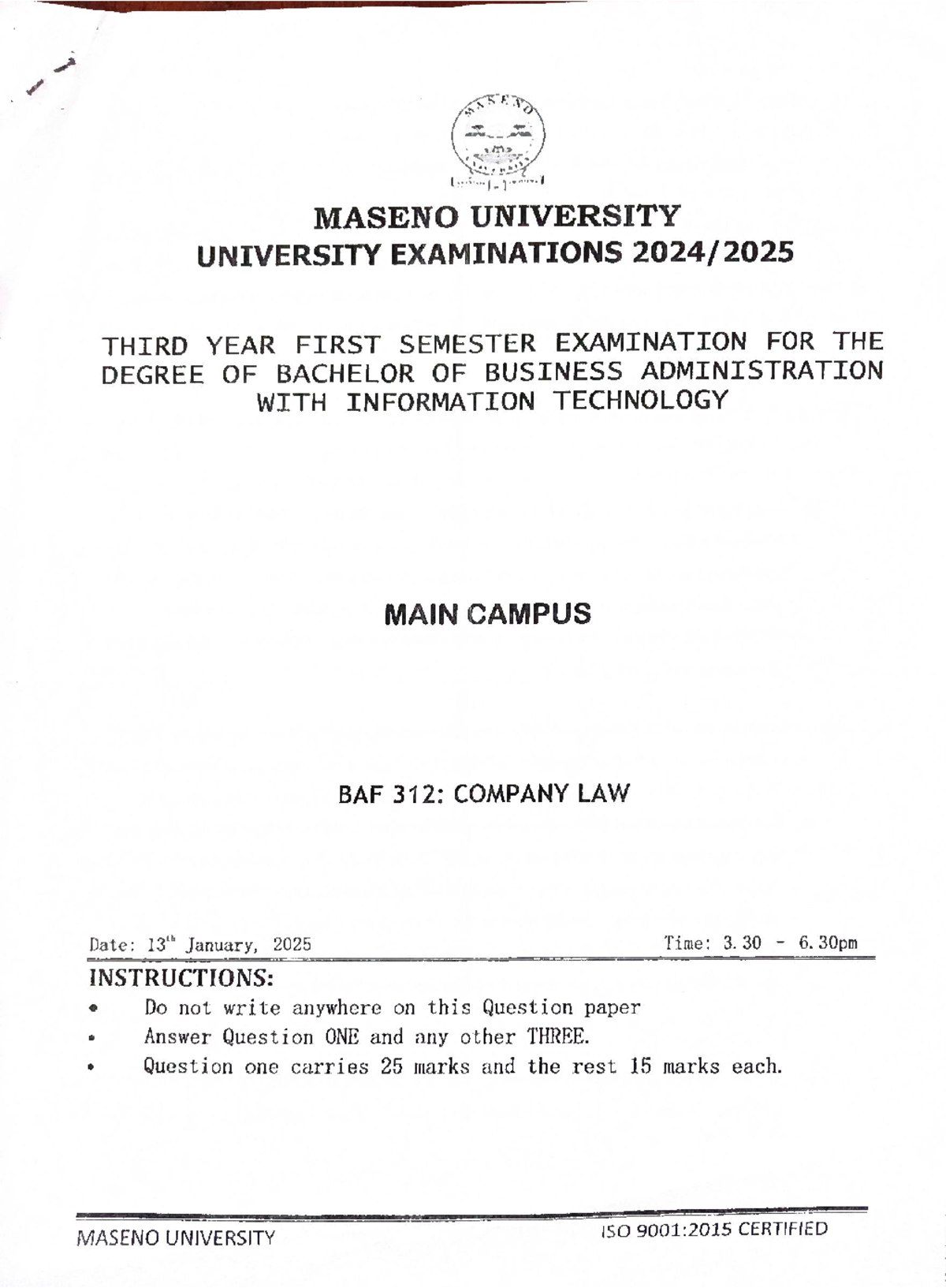 BAF 312: Company Law Past Exam Paper - Revision Questions - Studocu