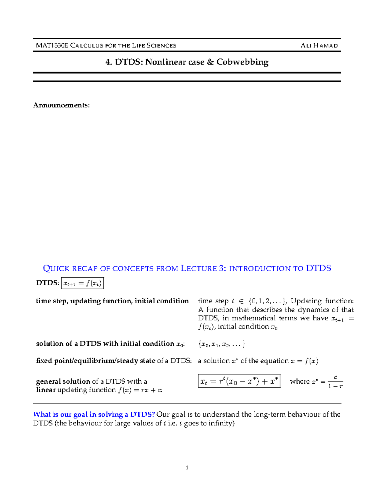 MAT1330E Lecture 4: Nonlinear DTDS and Cobwebbing Techniques - Studocu