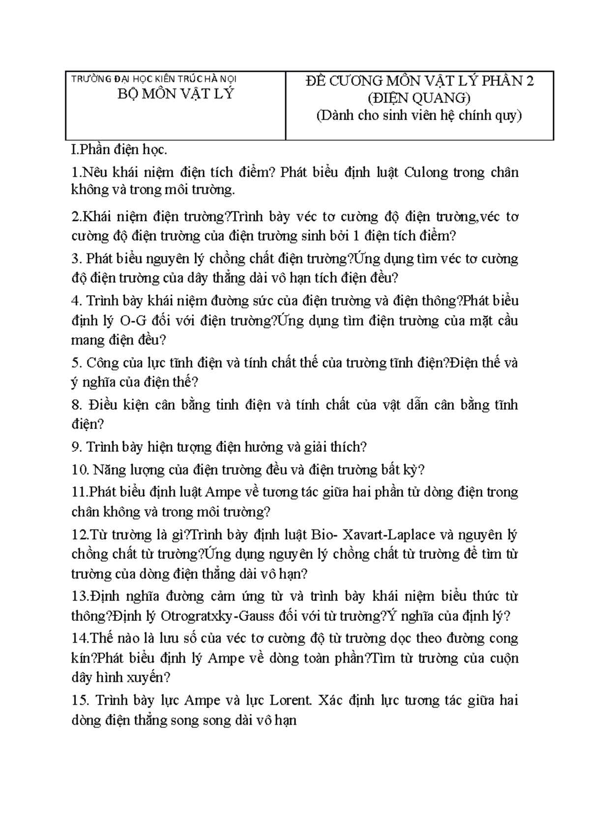 1. Đề cương lý thuyết Điện và Quang 2022 - TR NG Đ I H C KIẾẾN TRÚC HÀ N IƯỜ Ạ Ọ Ộ BỘ MÔN VẬT LÝ ...
