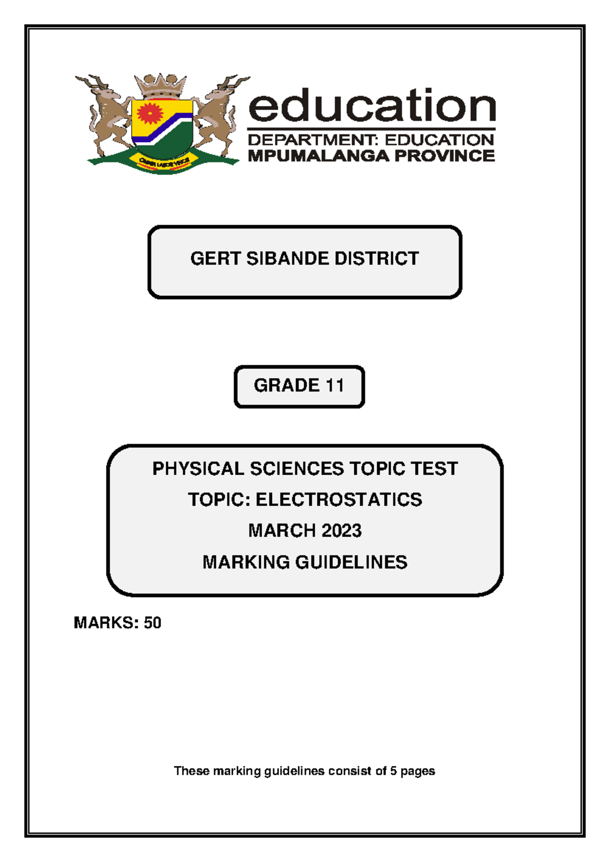 G11 Physical Sciences Topic Test Memo: Electrostatics March 2023 - Studocu