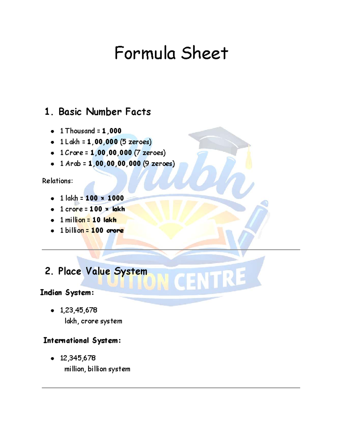 Formula Sheet: Basic Number Facts & Place Value (Maths 7) - Studocu