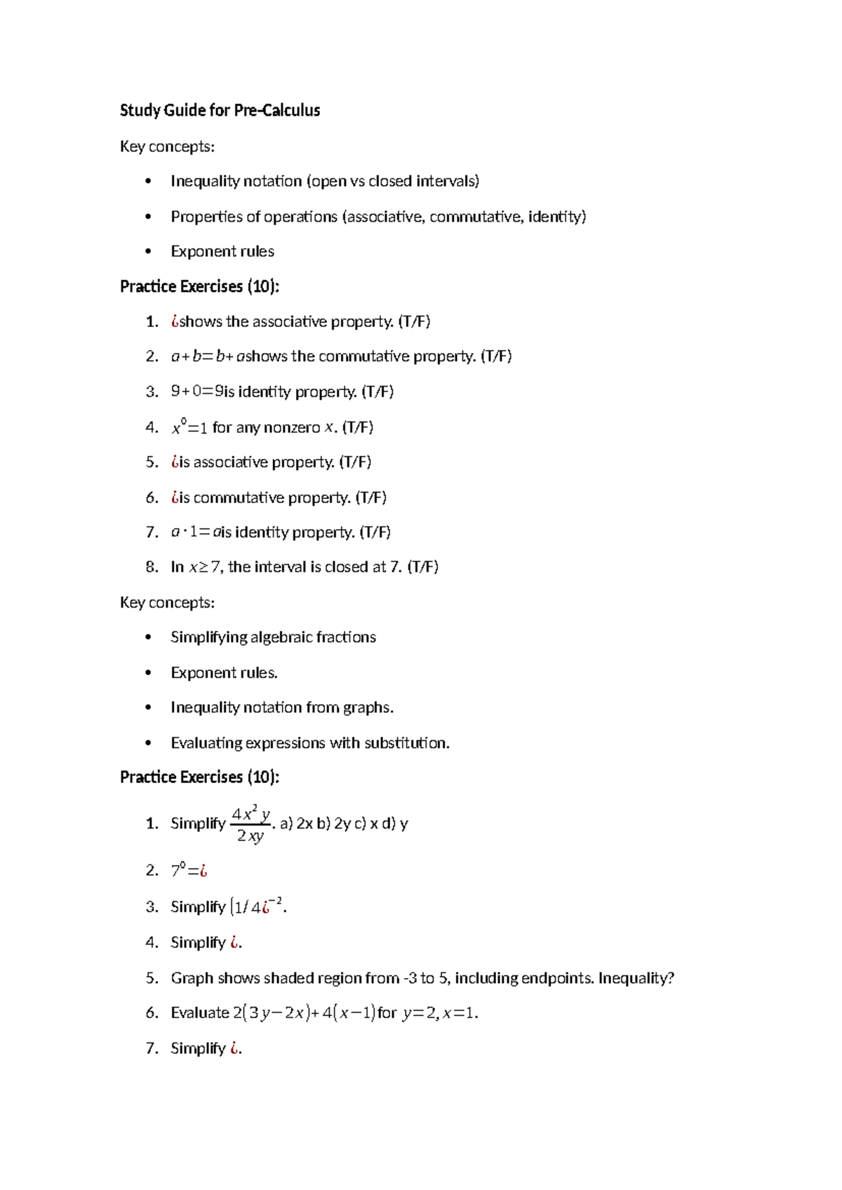 Precalculus Study Guide: Key Concepts & Practice Exercises - Studocu