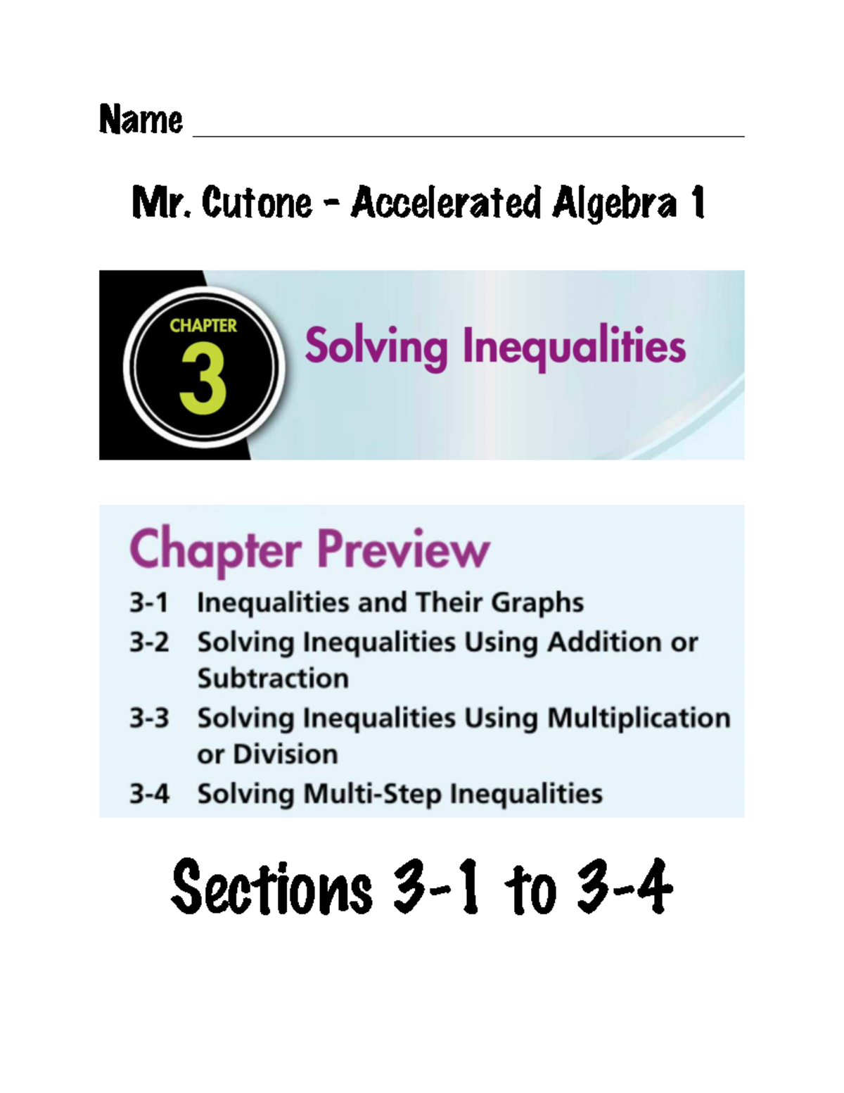 Accelerated Algebra 1: Inequalities Practice (Sections 3-1 to 3-4 ...