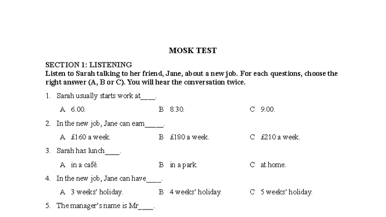 MOSK TEST - Listening & Multiple Choice Questions - Studocu