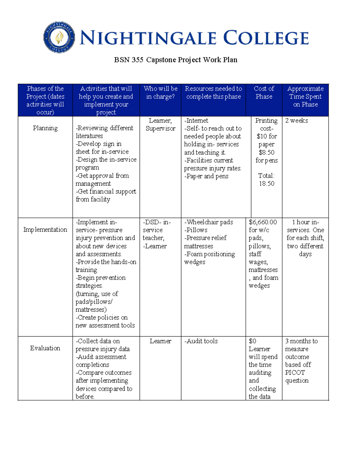 BSN 355 Capstone Project Proposal Work Plan and Implementation Guide ...