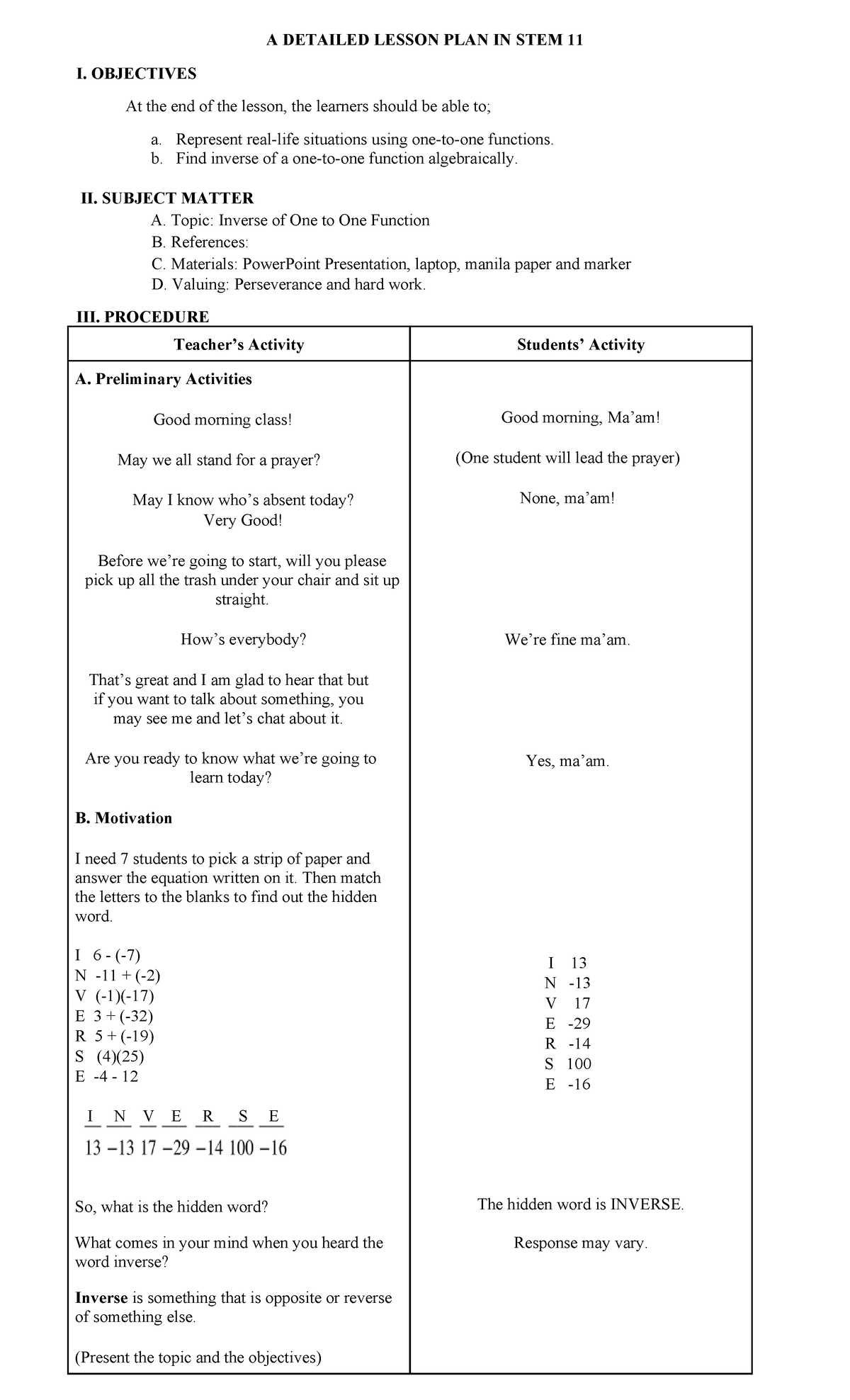 STEM 11 Lesson Plan: Inverse of One-to-One Functions Overview - Studocu