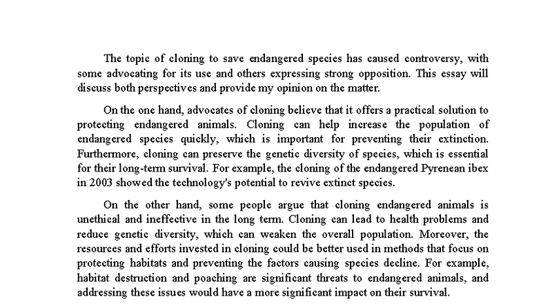 Unit 4 - Essay on Cloning for Endangered Species Conservation - Studocu