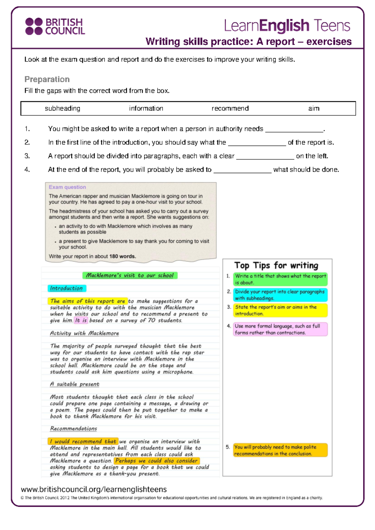 Writing Skills Practice: Report Exercises for Improvement - Studocu