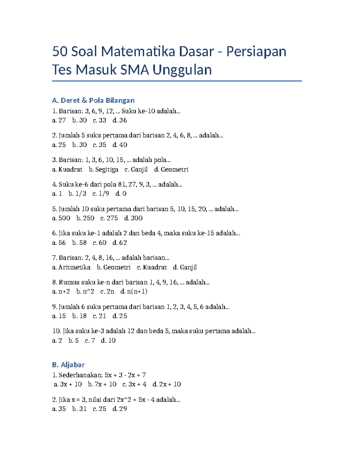 50 Soal Matematika Dasar SMP untuk Persiapan Tes SMA Unggulan - Studocu