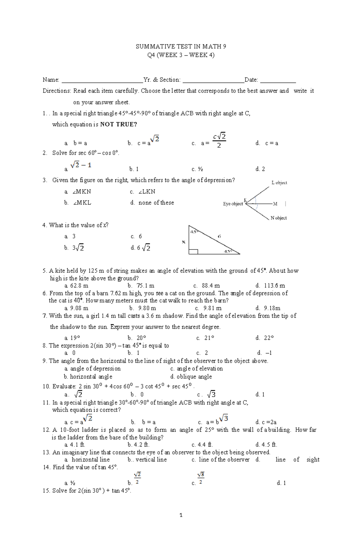 Math 9 Q4 Summative Test (Weeks 3-4): Practice Questions & Answers ...